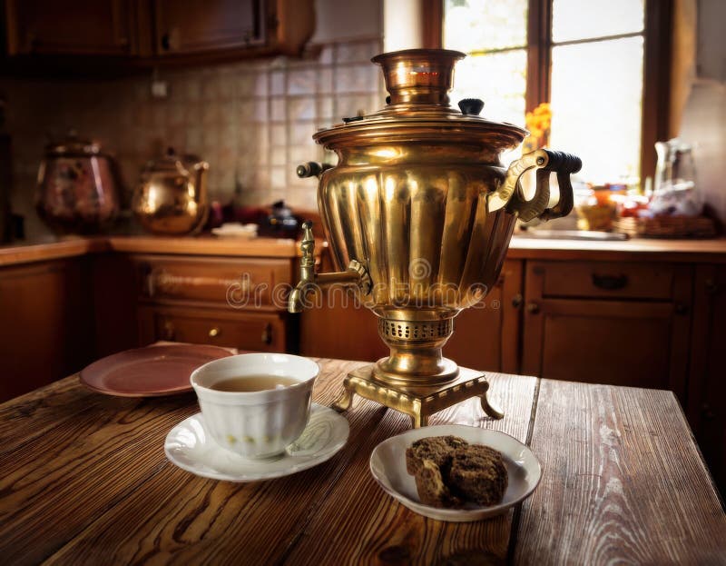 A Brass Samovar Brewing Fresh Tea in an Old Kitchen Stock Illustration ...