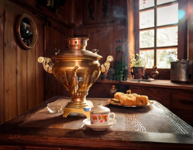 A Brass Samovar Brewing Fresh Tea in an Old Kitchen Stock Illustration ...