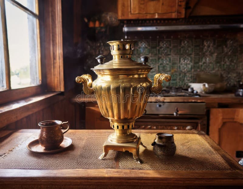 A Brass Samovar Brewing Fresh Tea in an Old Kitchen Stock Illustration ...