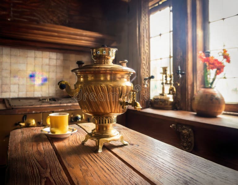 A Brass Samovar Brewing Fresh Tea in an Old Kitchen Stock Illustration ...