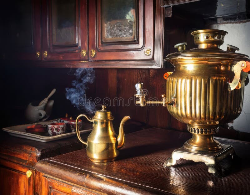A Brass Samovar Brewing Fresh Tea in an Old Kitchen Stock Illustration ...
