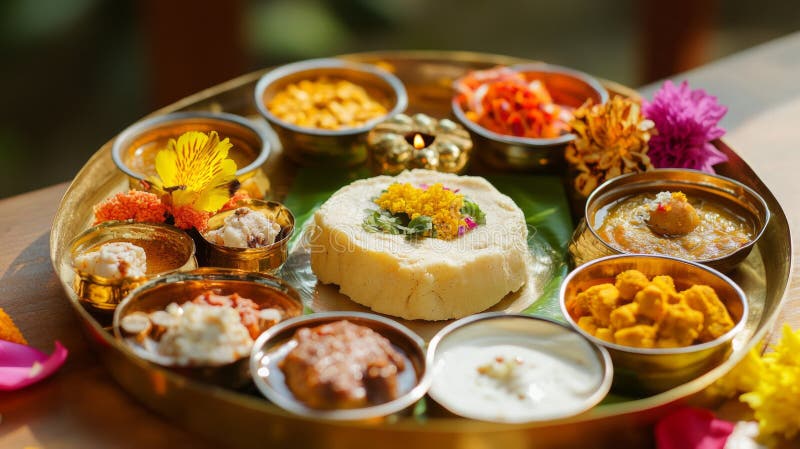 A Brass Thali Filled with Assortment of Indian Foods Stock Illustration ...