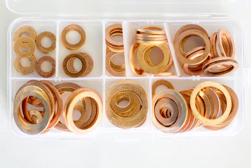 Brass Washers in the Box Set. Stock Photo - Image of bronze, flat ...