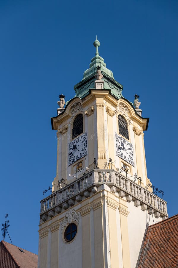 Bratislavaâ€™s Old Town Hall Clock Tower and Blue Sky Background Stock ...