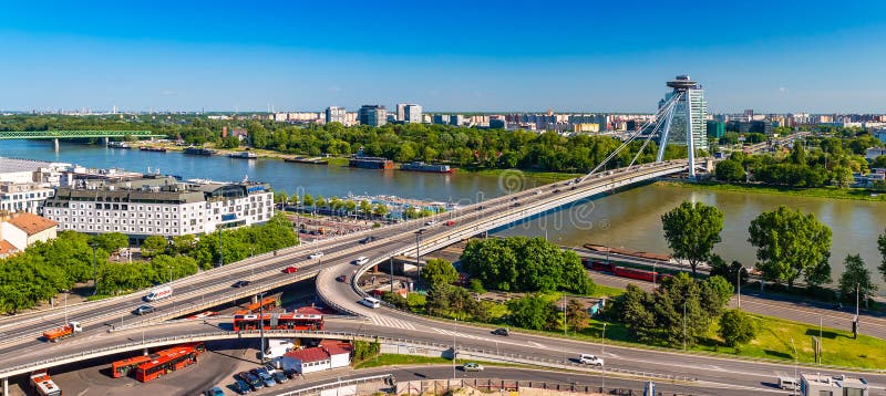 Bratislava, Slovakia: a View of the Most SNP Bridge Across the Danube ...