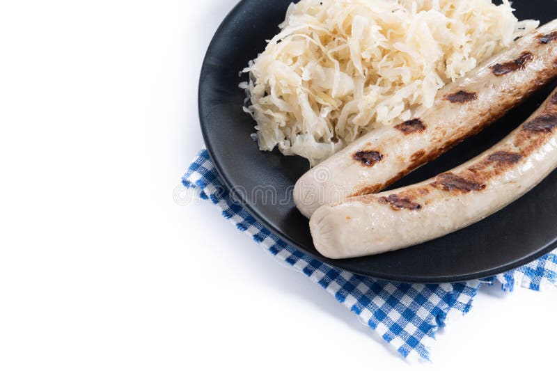 Bratwurst Sausage and Sauerkraut Isolated on White Background Stock ...
