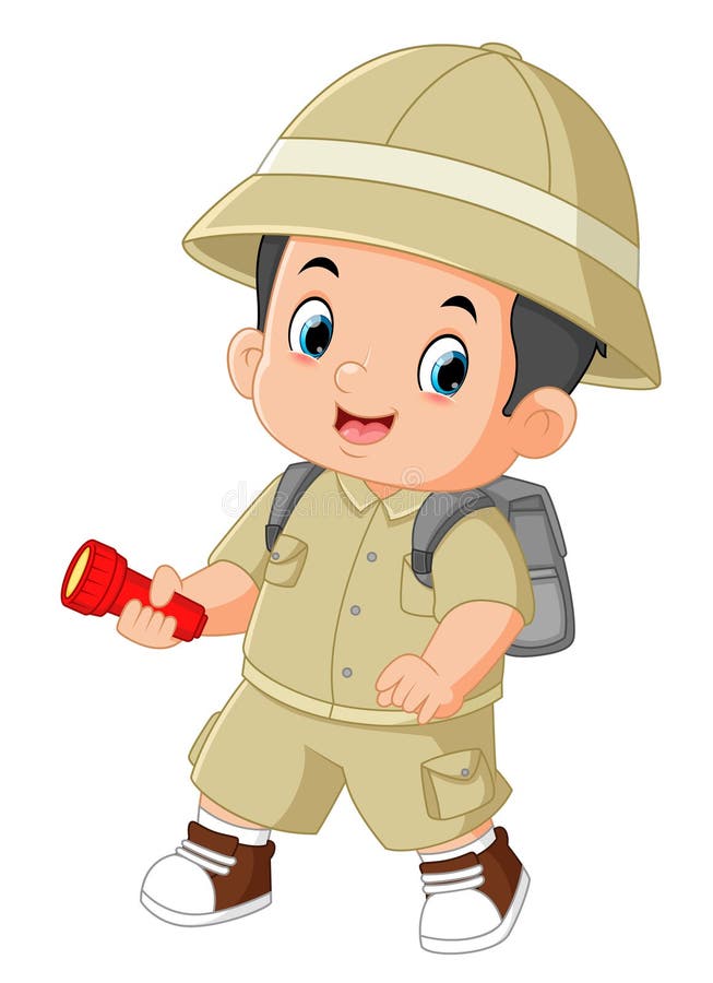 A Brave Adventurous Boy Walks and Smiles while Carrying a Flashlight ...
