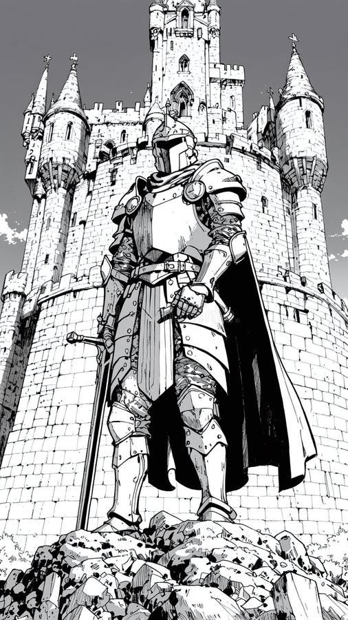 Brave Anime Knight in Detailed Armor Standing in Front of a Large ...