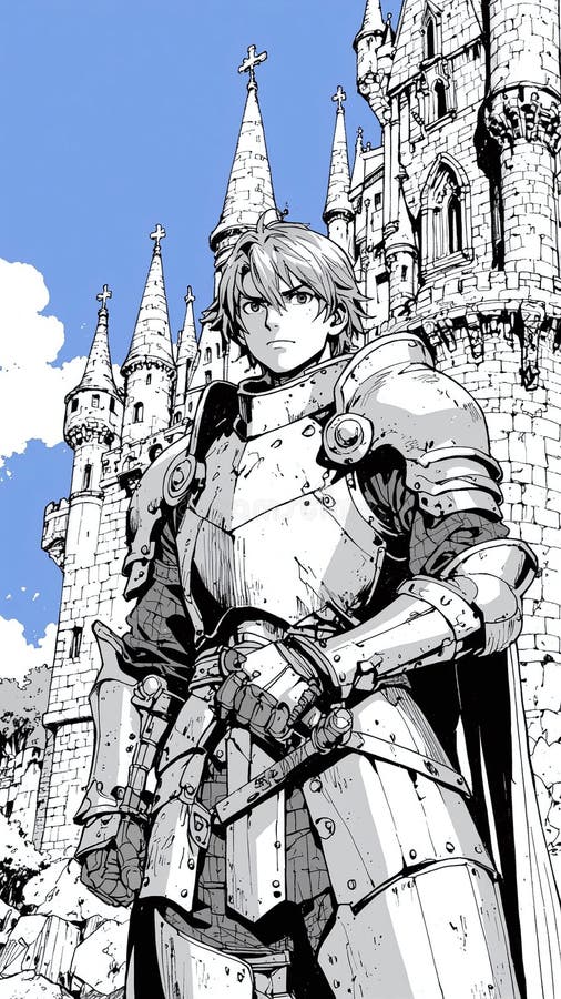 Brave Anime Knight in Detailed Armor Standing in Front of a Large ...