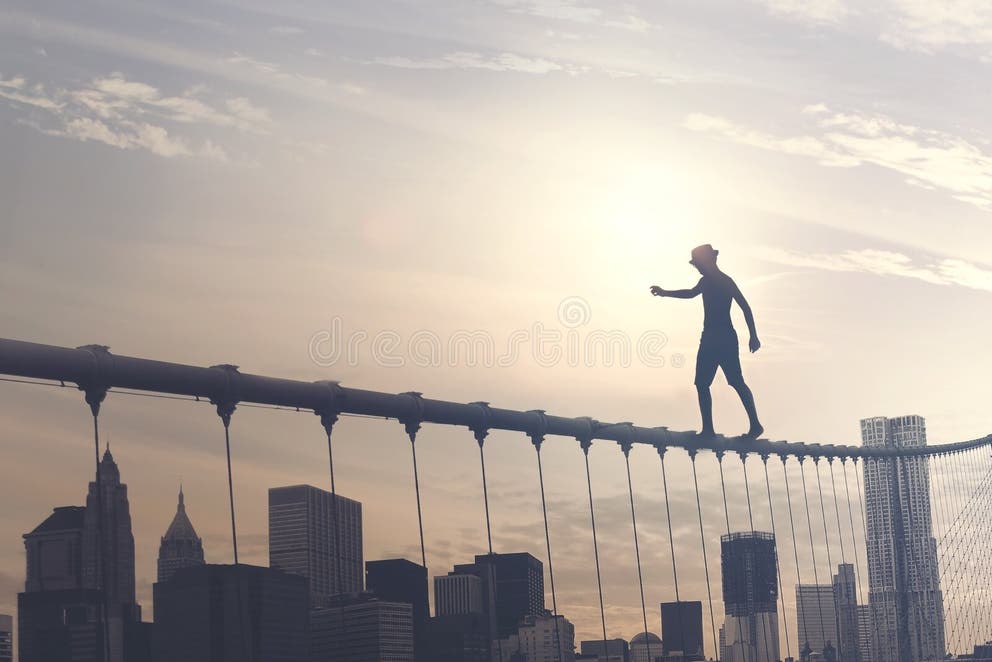 Brave Boy Walking on a Wire Above the Metropolis, Conceptual Image ...