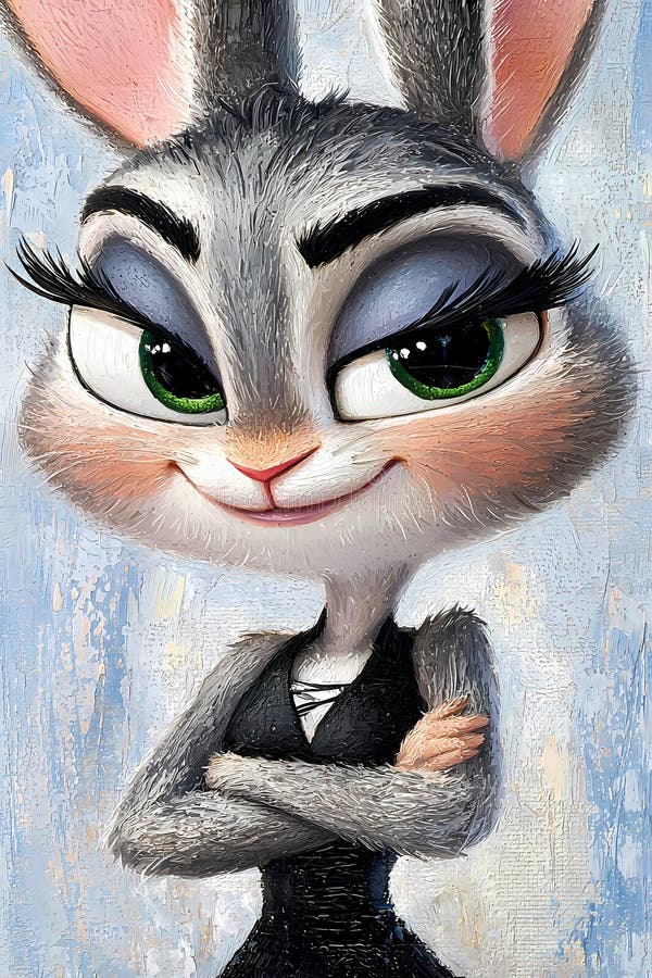 Confident Gray Rabbit Woman in Black Dress Stylish Cartoon Art Cute ...