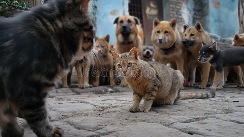 A brave cat among dogs stock image. Image of humor, concept - 305862335