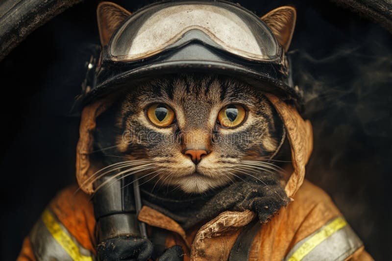 Brave Cat Wearing Firefighter Uniform and Helmet with Goggles Stock ...