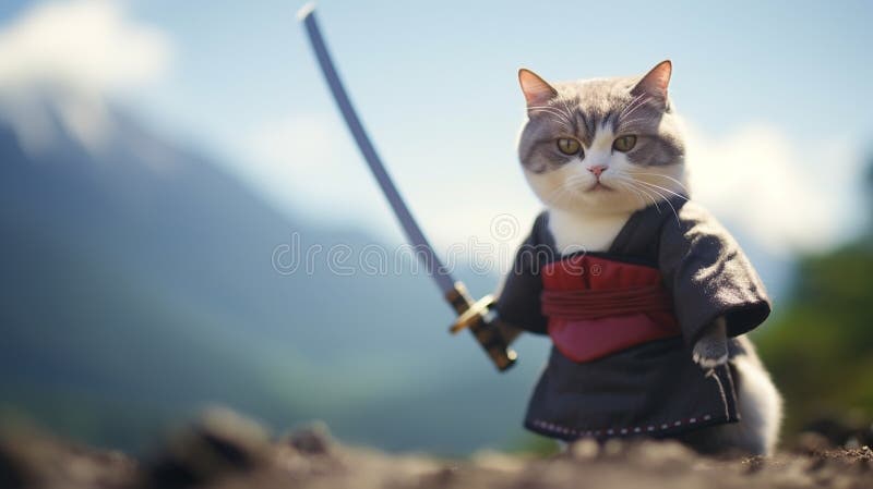 Cat Wearing Samurai Uniforms, Warrior Samurai Cat with Sword ...