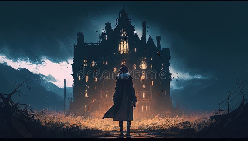 Brave Challenger Facing Spooky Castle, Ready To Conquer Fears and ...