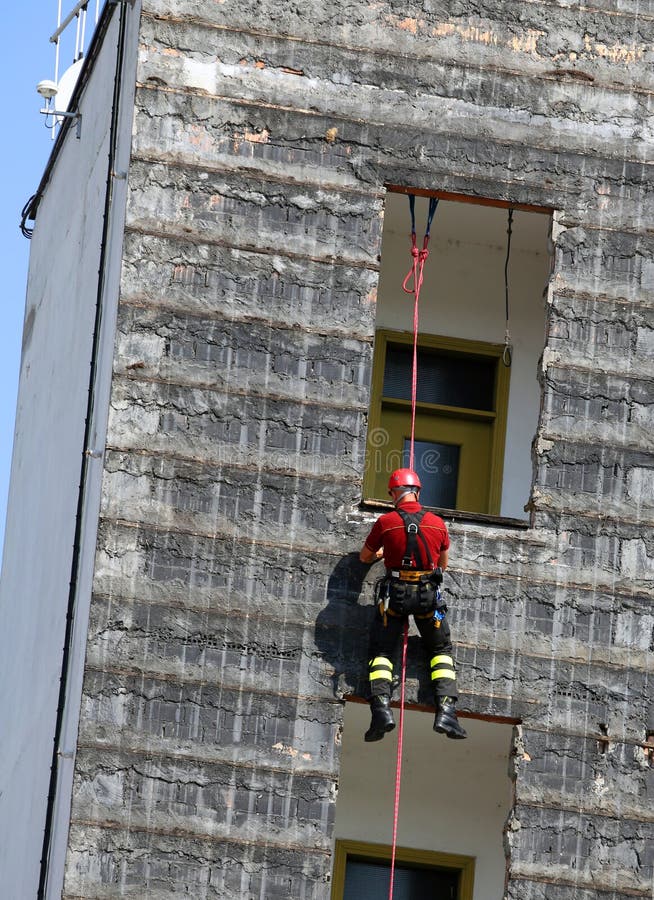 Brave Climber Training during Rappelling Stock Image - Image of ...
