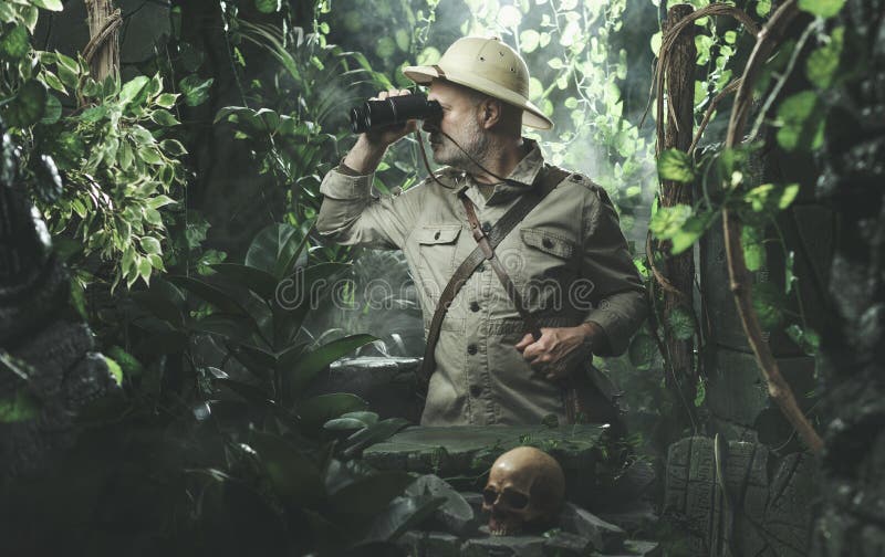 Explorer with Binoculars in the Jungle Stock Photo - Image of retro ...