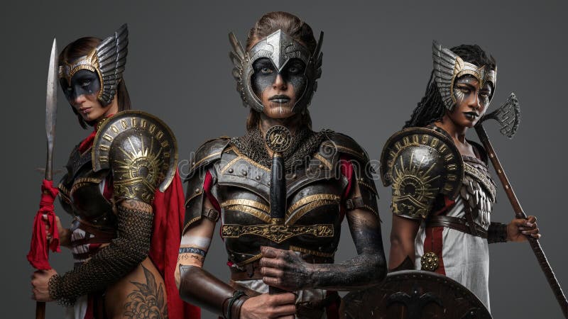 Brave Female Warriors from Past Against Gray Background Stock Photo ...