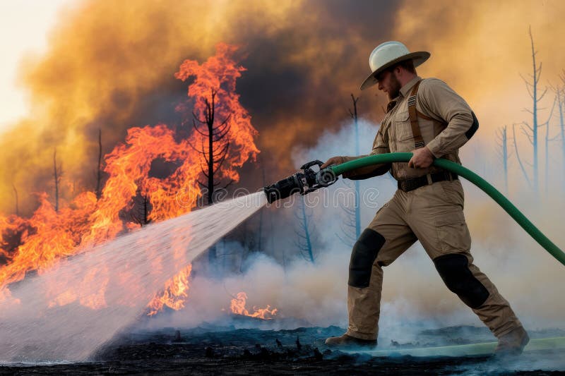 Brave Firefighter Battling Intense Forest Blaze with Water Hose Stock ...