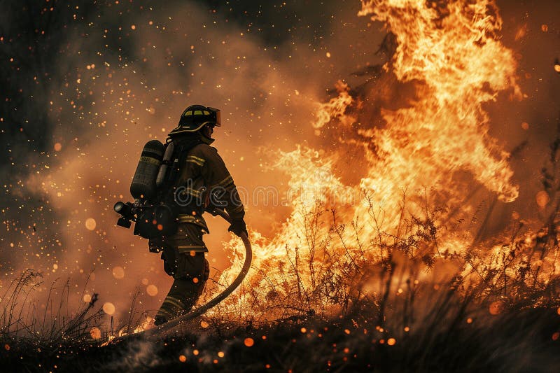 Brave Firefighter Battling Raging Inferno Stock Illustration ...