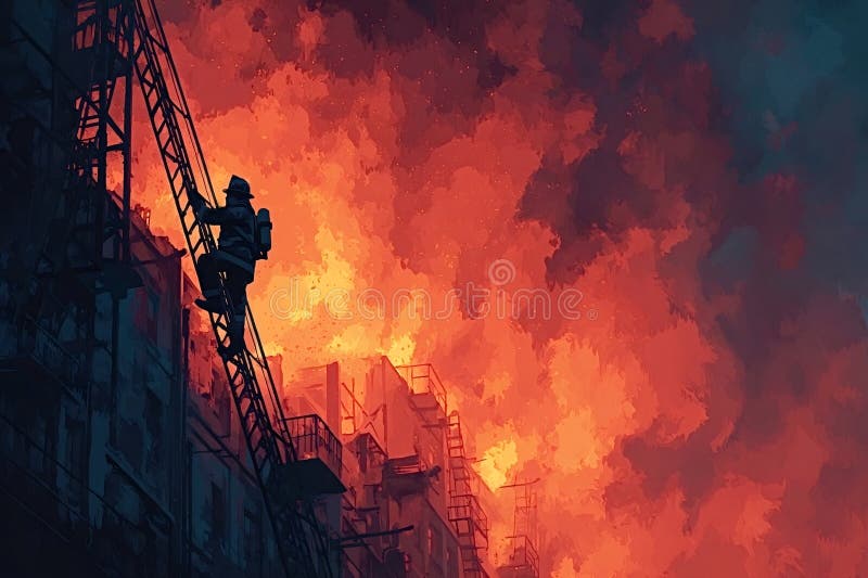 Brave Firefighter Climbing Ladder during Building Fire at Night Stock ...