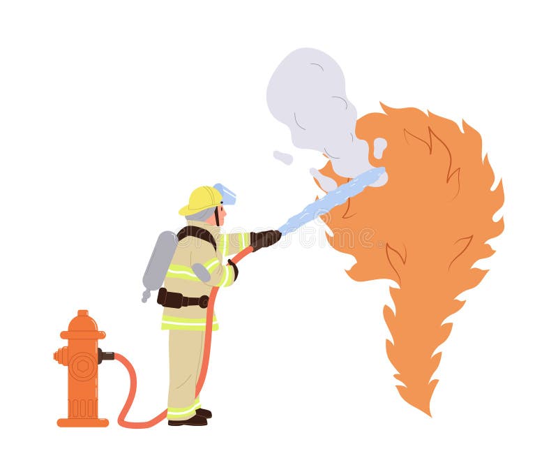 Firefighter Cartoon Character in Uniform Putting on Fire Using Hydrant ...