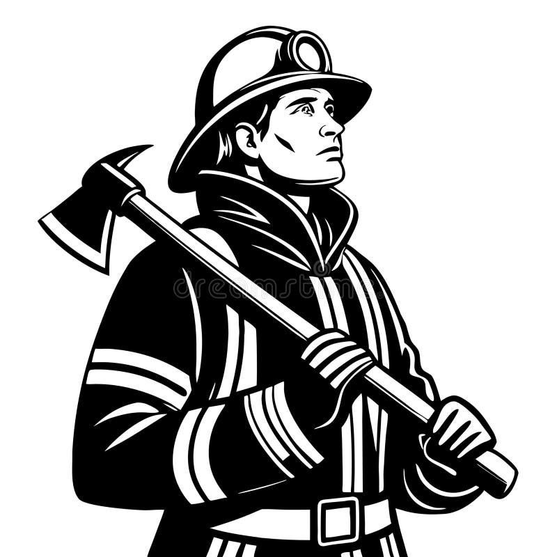 Brave Firefighter Holding Axe in Protective Gear Standing Strong and ...