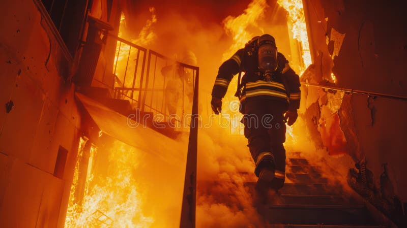 Brave Firefighter Making Their Way Up the Stairs Stock Illustration ...