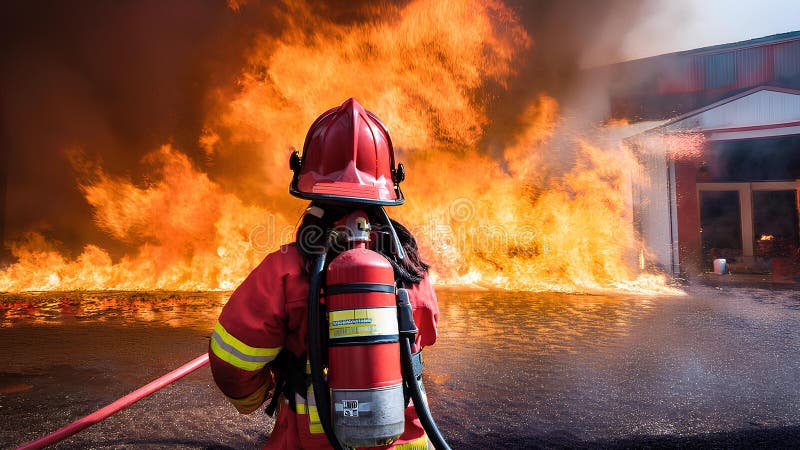 Brave Firefighter in Protective Gear in Front of a Burning House ...