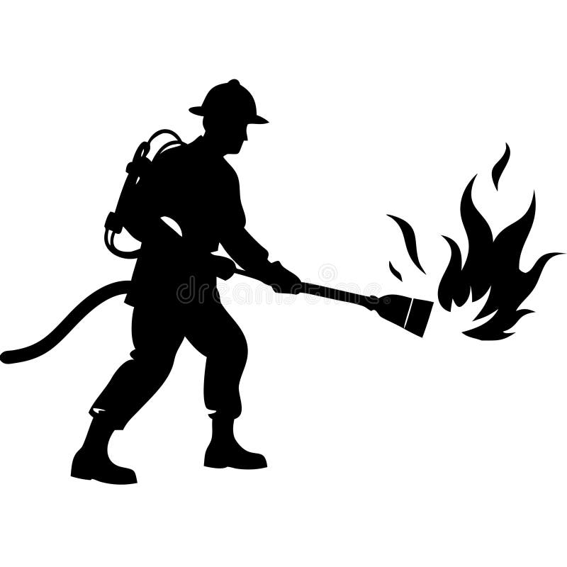 Brave Firefighter Silhouette Extinguishing Flames with Fire Hose for ...