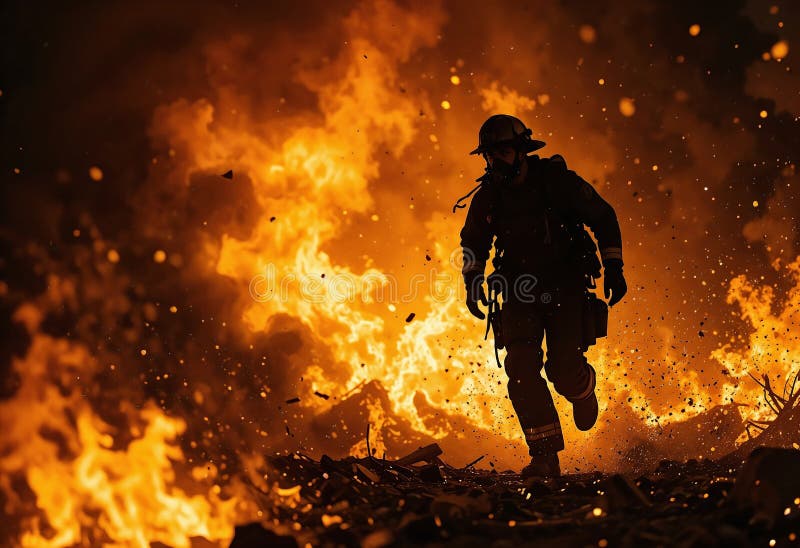 Silhouette of a Firefighter Battling Intense Flames during a Dangerous ...