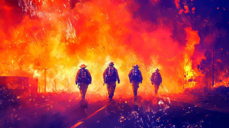 Brave Firefighters Against the Backdrop of Fire Stock Photo - Image of ...