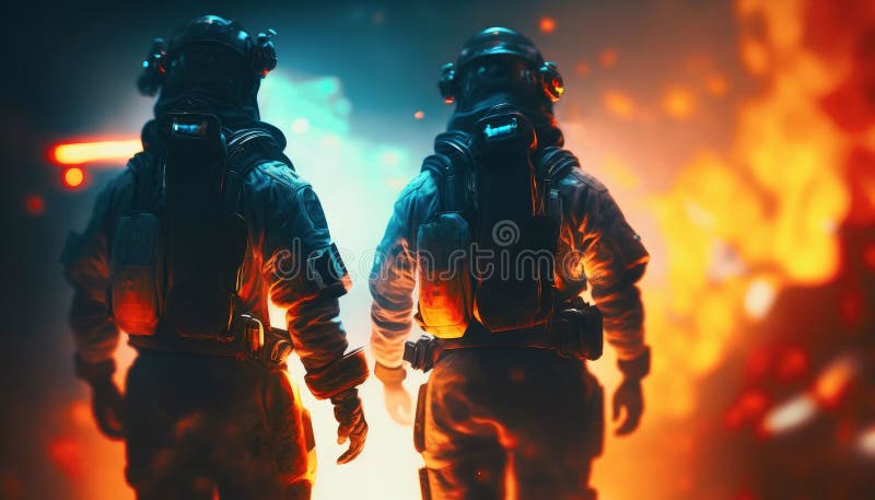 Brave Firefighters in High-tech Outfit in Front of the Fire. Stock ...