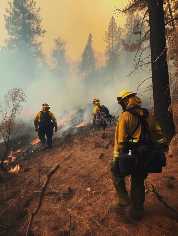 Brave Firefighters Working with Fire in Forest. Team of Professional ...