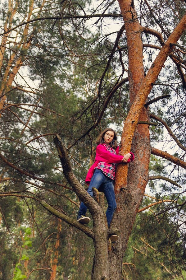 Brave Girl Climbs High on a Tree Stock Photo - Image of spectacles ...