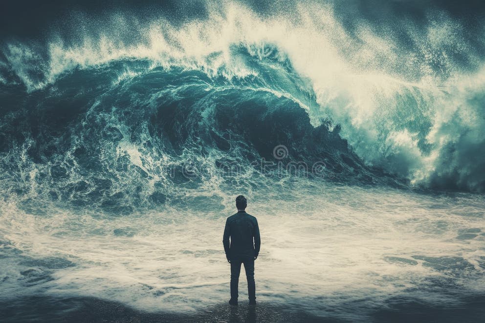 A Brave Individual Faces a Massive Storm Wave an Abstract ...