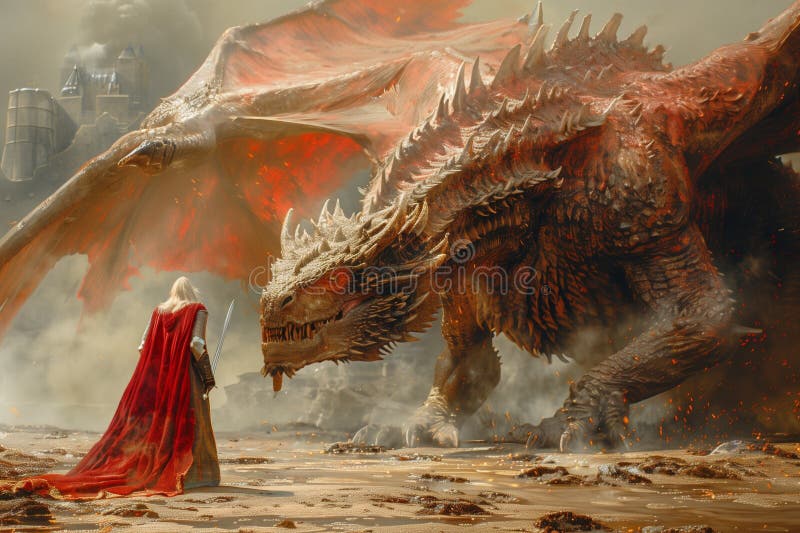 A Brave Knight Faces a Massive Red Dragon in a Desolate Landscape Stock ...