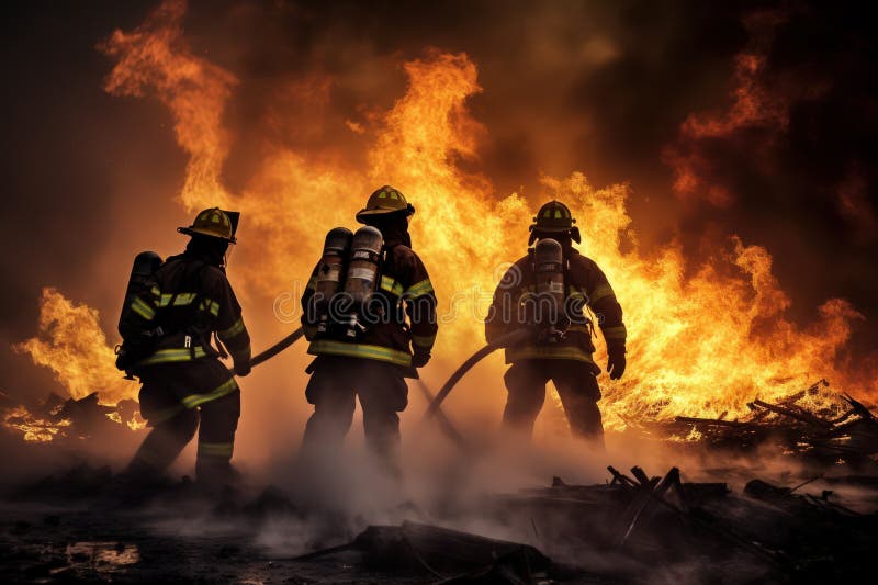 911 - Group of Firefighters while Extinguishing a Fire. Stock ...