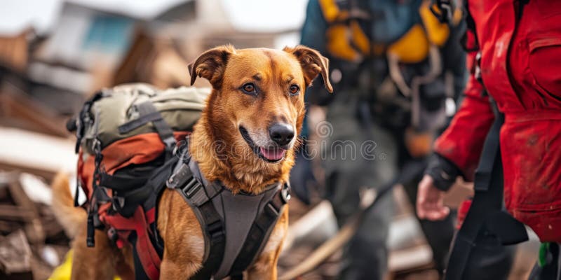 A Brave Rescue Dog Explores a Disaster Area with Its Handler. this ...