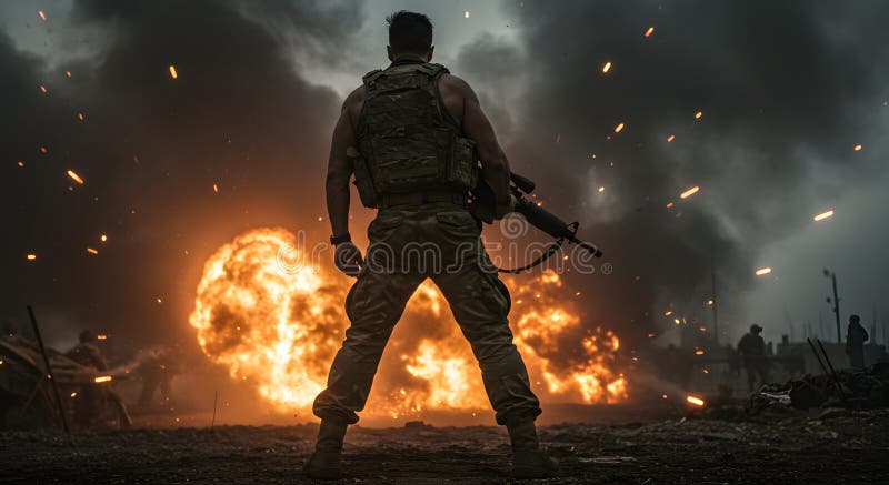 A Brave Soldier, Determined Expression, Standing Amidst a Chaotic ...