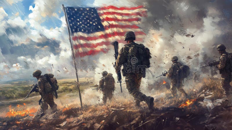 Brave Soldiers Advancing Under Fire with American Flag Stock ...
