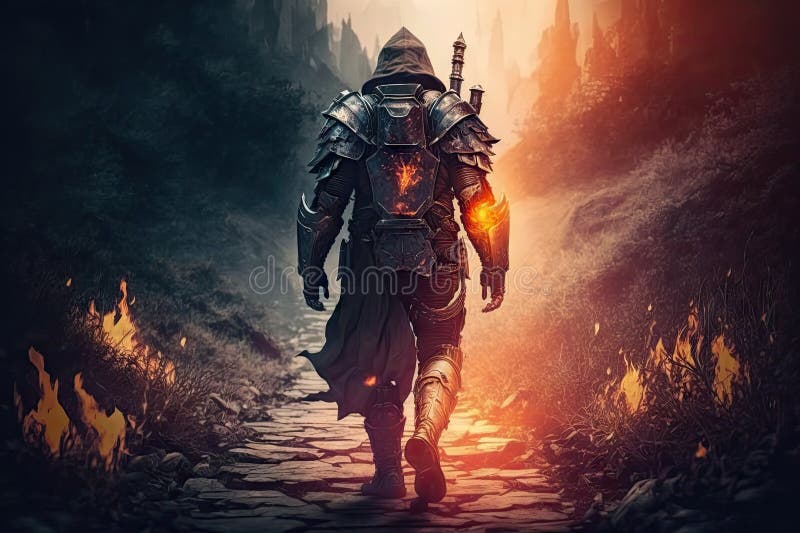 Fantasy Warrior in Armor with Walking Knight Sword Stock Illustration ...