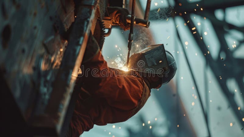 A Brave Worker Hangs from the Side of the Core Carefully Welding ...