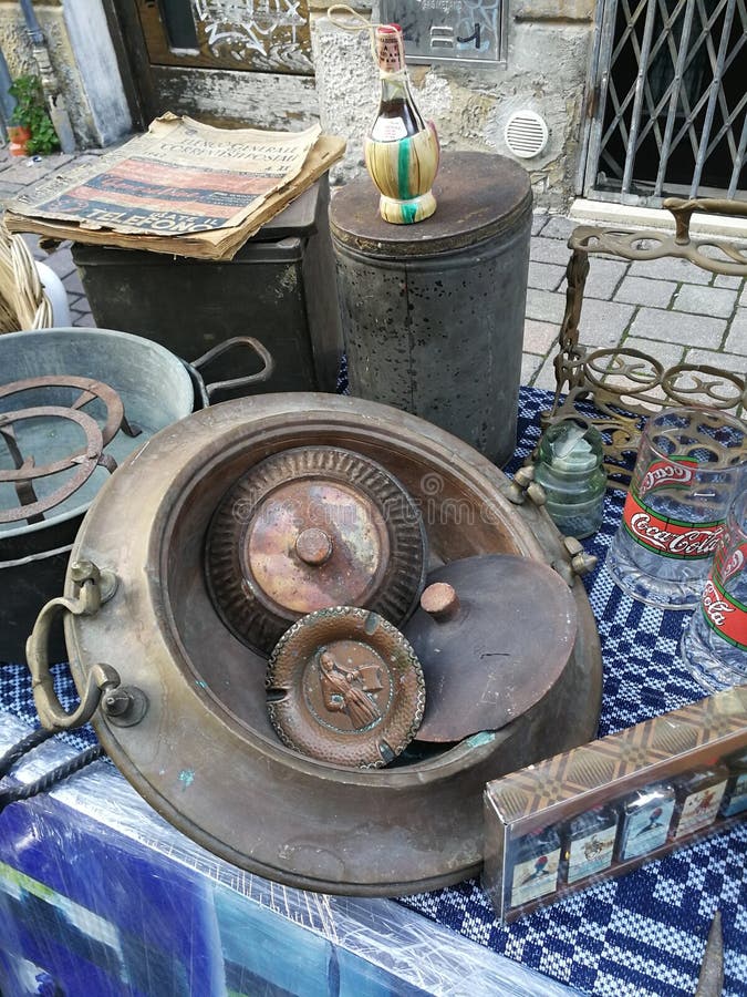 Brazier and Ancient Copper Objects in an Antiques Market Editorial ...