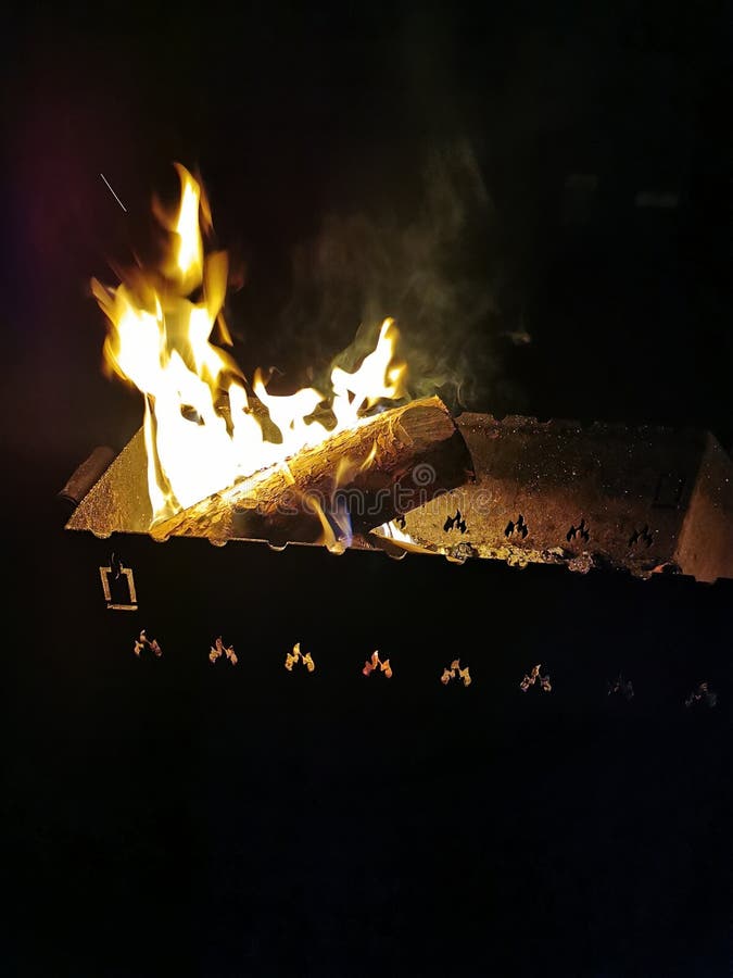 Brazier with a Burning Log at Night. Stock Photo - Image of brazier ...