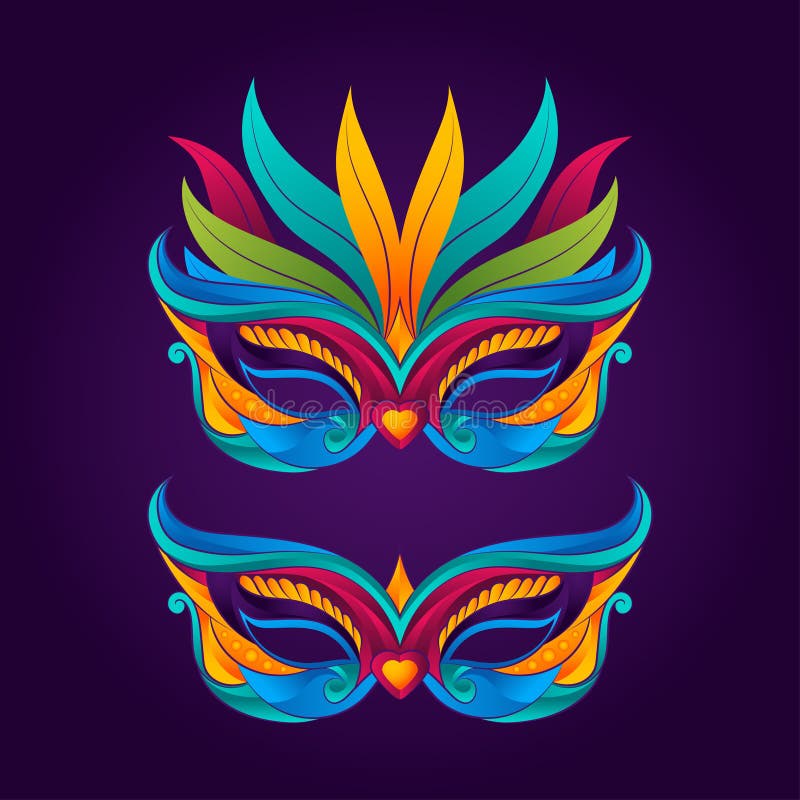 Carnival Masks Decorated with Bright Colorful Feathers Vector ...