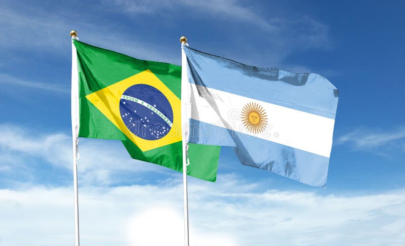 Brazil Flag with Argentina Flag on Cloudy Sky. Waving in the Sky Stock ...