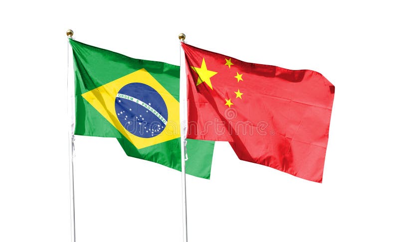 Brazil Flag with China Flag on Cloudy Sky. Waving in the Sky Stock ...