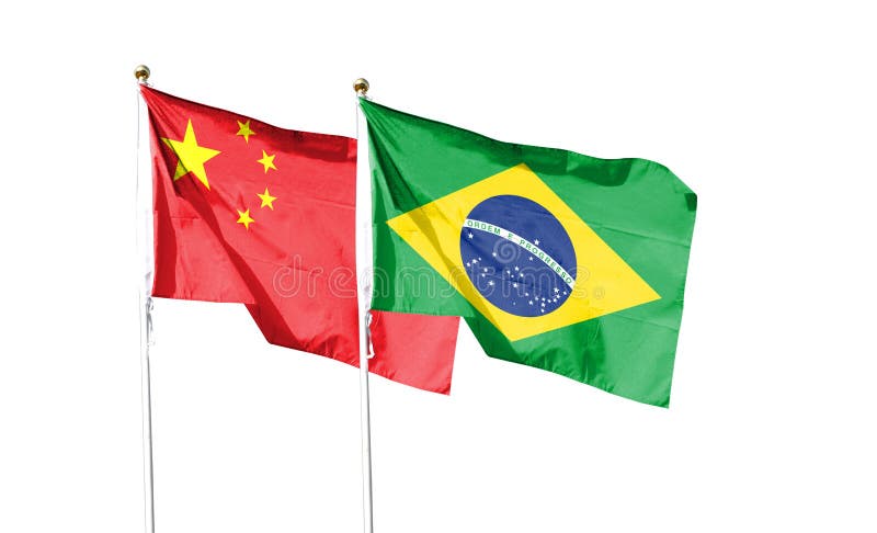 Brazil Flag with China Flag on Cloudy Sky. Waving in the Sky Stock ...