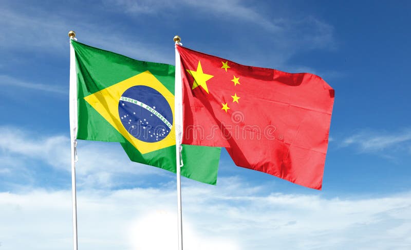 Brazil Flag with China Flag on Cloudy Sky. Waving in the Sky Stock ...